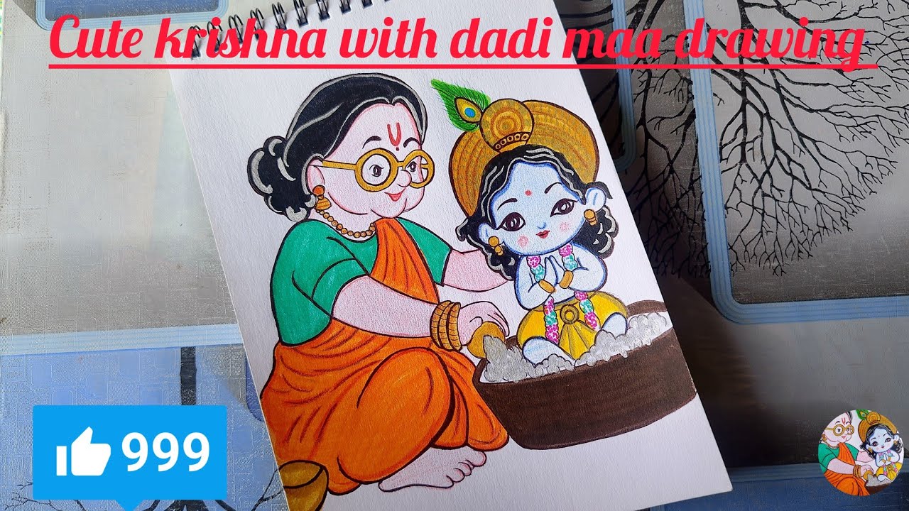 cute krishna with dadi maa drawing☺️ ll Try to learn ll - YouTube