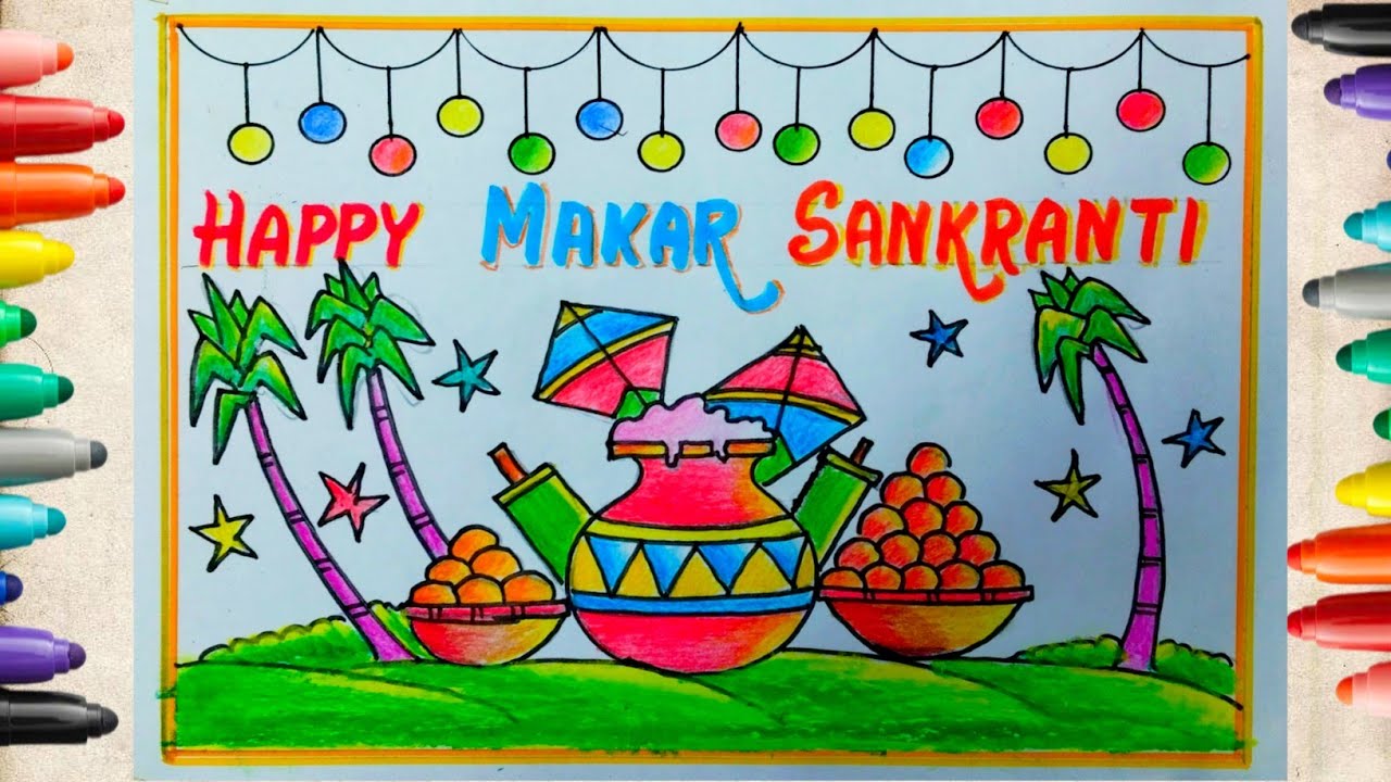 Makar Sankranti drawing easy How to draw Makar Sankranti festival ...