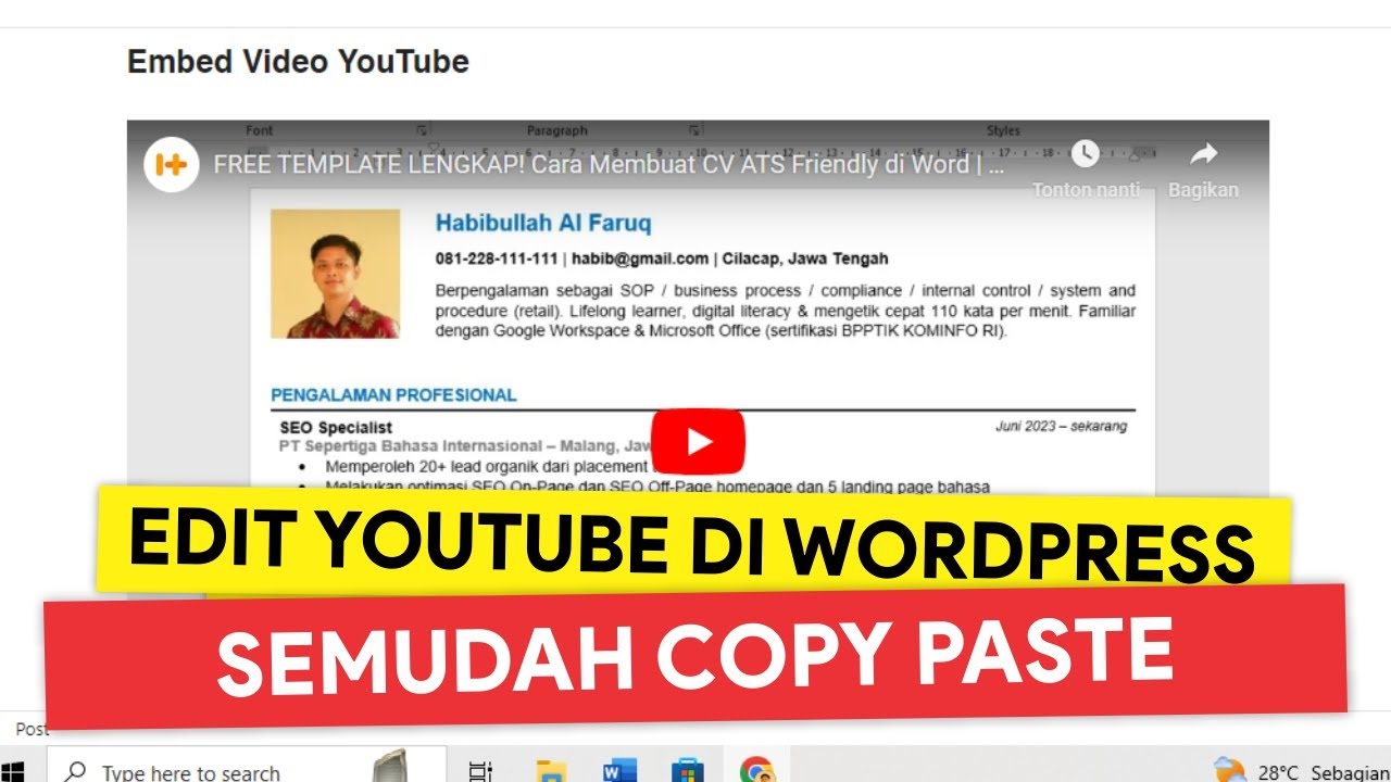 SEMUDAH COPY PASTE! Cara Embed Video YouTube di WordPress | Embed YouTube Video in WordPress ...