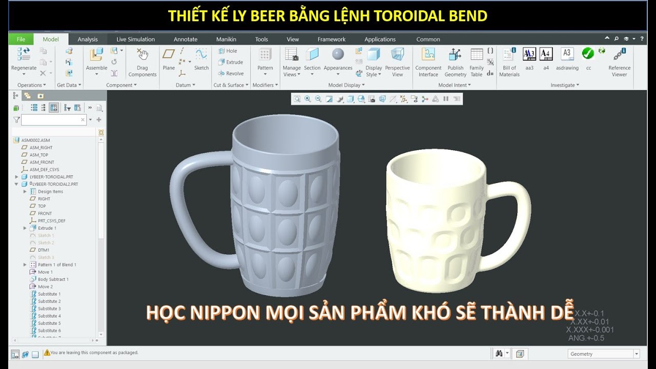 Thiết kế ly Beer bằng lệnh Toroidal Bend trên Creo 9 0 - YouTube