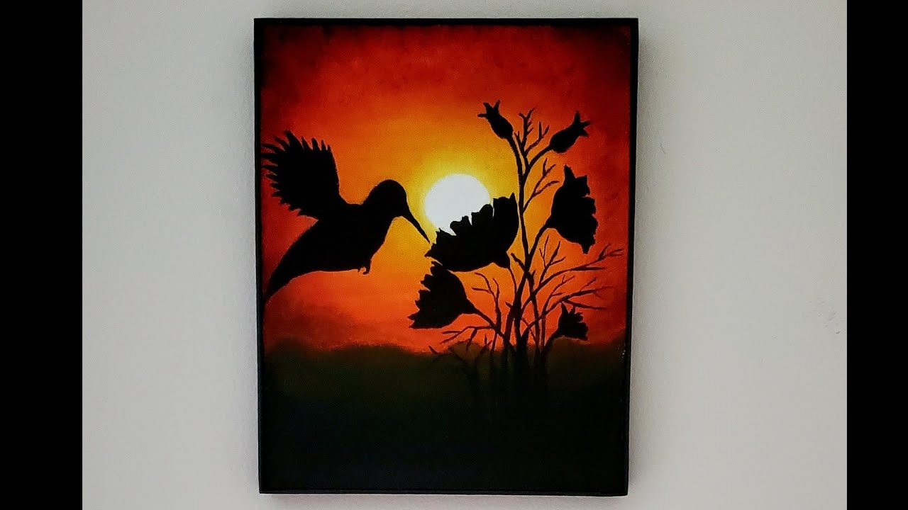 Red Sunset painting |Easy Sponge technique| Hummingbird with flowers ...