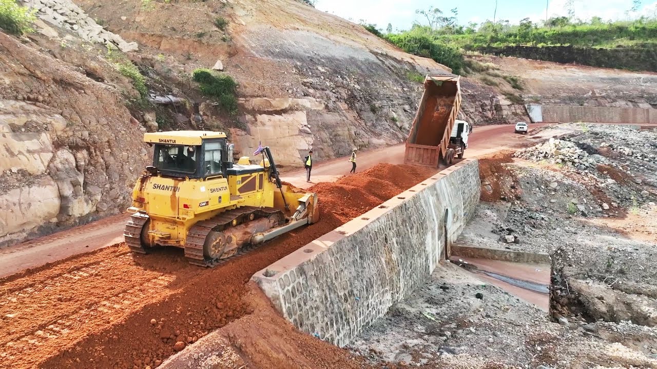 Professional Operator Bulldozer Paving Curve Mountain Road Building ...