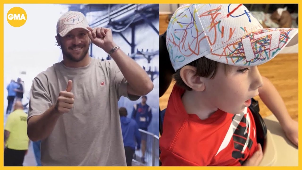 Josh Allen wears hats designed by kids in children's hospital - YouTube