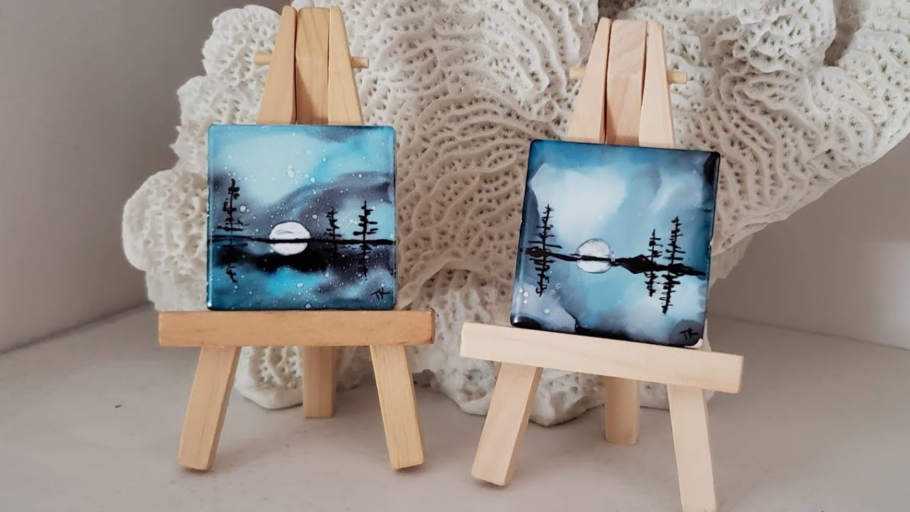 Miniature Alcohol Ink Painting of Moon Setting on the Water - YouTube