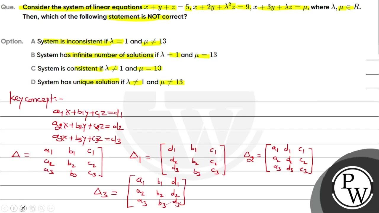 Que Co isider the system of linear equations x y z 5 x 2 y lambda 2 z 9 x 3 y lambda z.... - YouTube