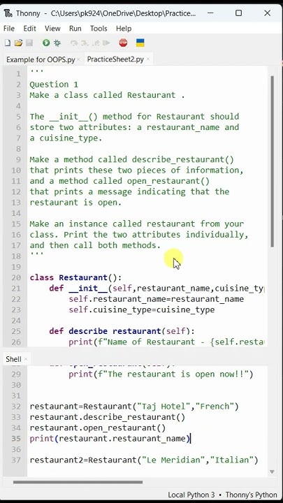 #18- Exercise-1: Make a class of Restaurant [Part-5] | Advanced Python | Praveen Kumar - YouTube