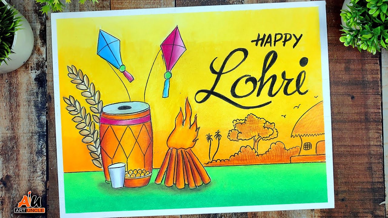 लोहरी ड्राइंग || Lohri Festival Drawing With Oil Pastels Step by Step ...