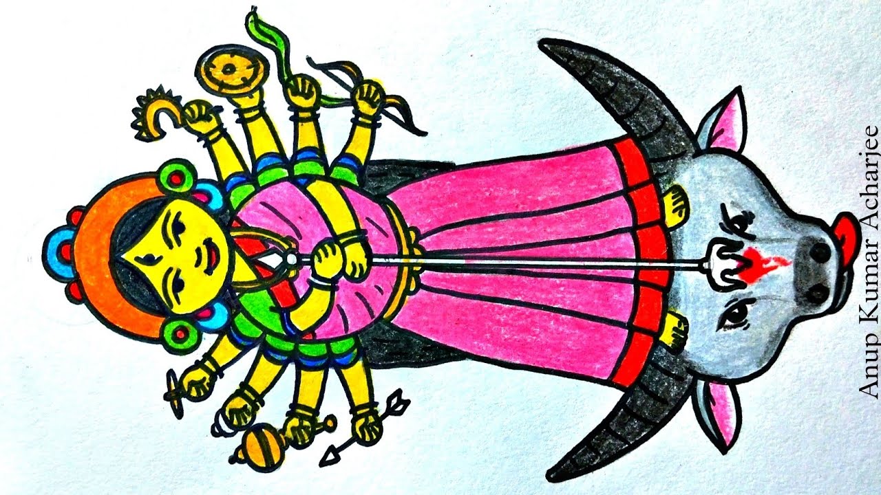 Mahishasur Mardini Drawing//Durga Maa Full Body Drawing with Colour ...