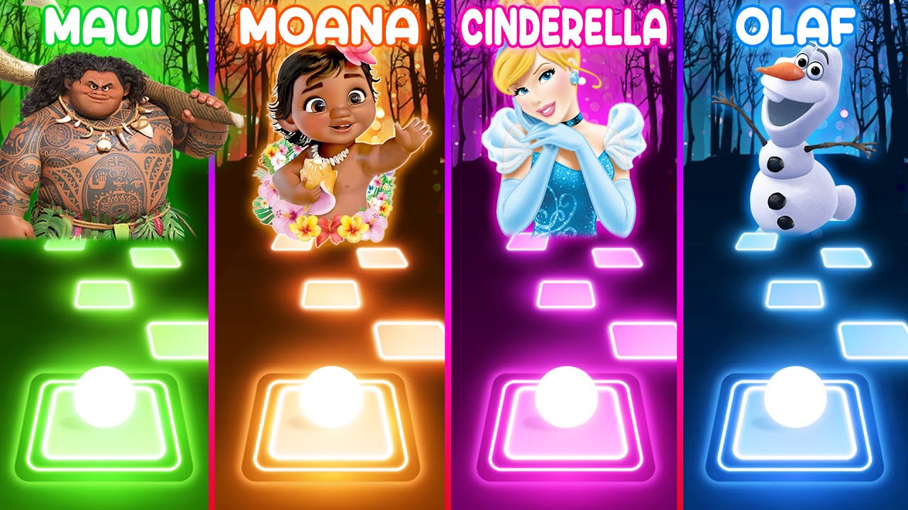 Maui VS Baby Moana VS Cinderella VS Olaf - Tiles Hop EDM Rush! - YouTube
