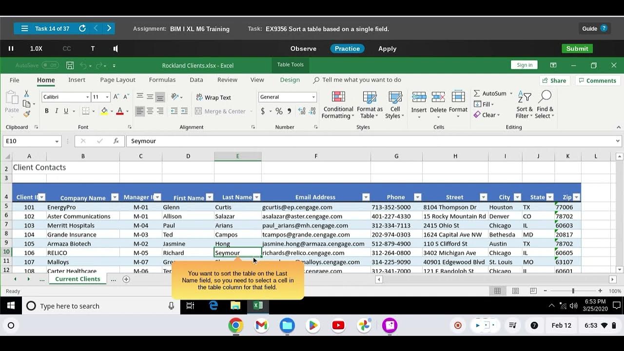 BIM I Excel Module 6 Training Task Tutorial: EX9356 Sort a table based on a single field. - YouTube
