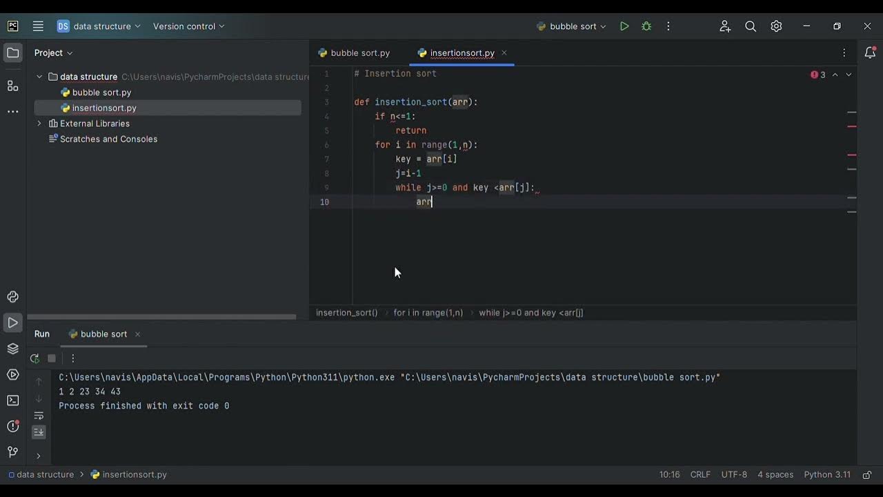 data structure – Insertion sort using python - YouTube