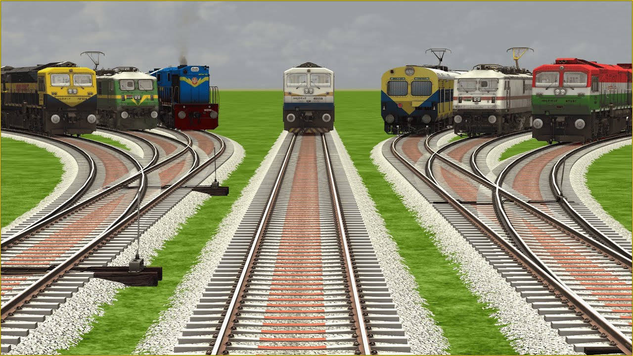 5+2 TRAINS CROSSING AT HIGH SPEED IN HEAVY TRAFFIC BUMPY RAILROAD ...