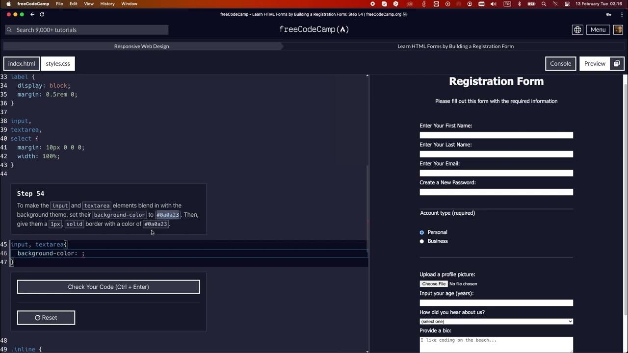 LEARN HTML FORMS BY BUILDING A REGISTRATION FORM STEP 54 #freecodecamp #learncss # ...