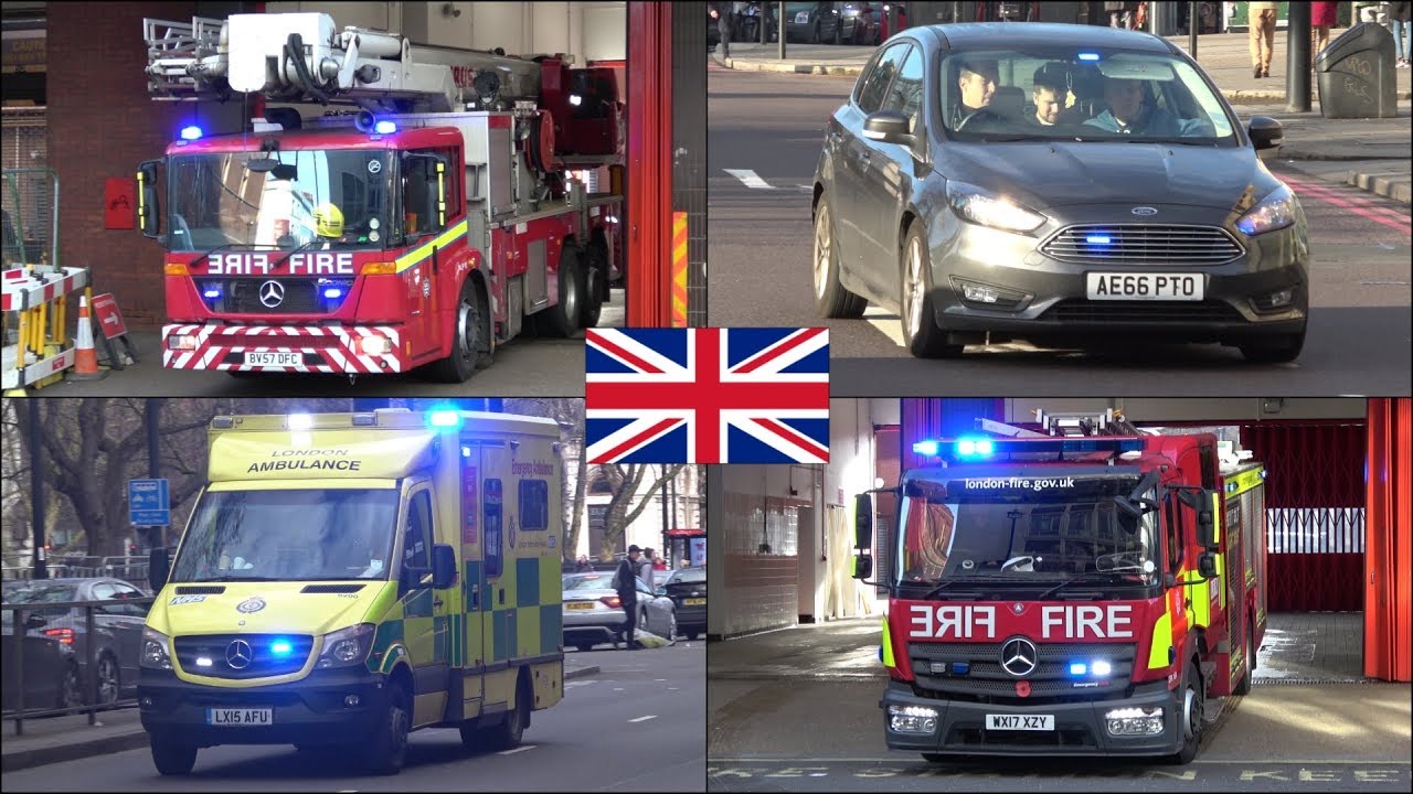 Fire engines, police cars and ambulances responding in London - YouTube