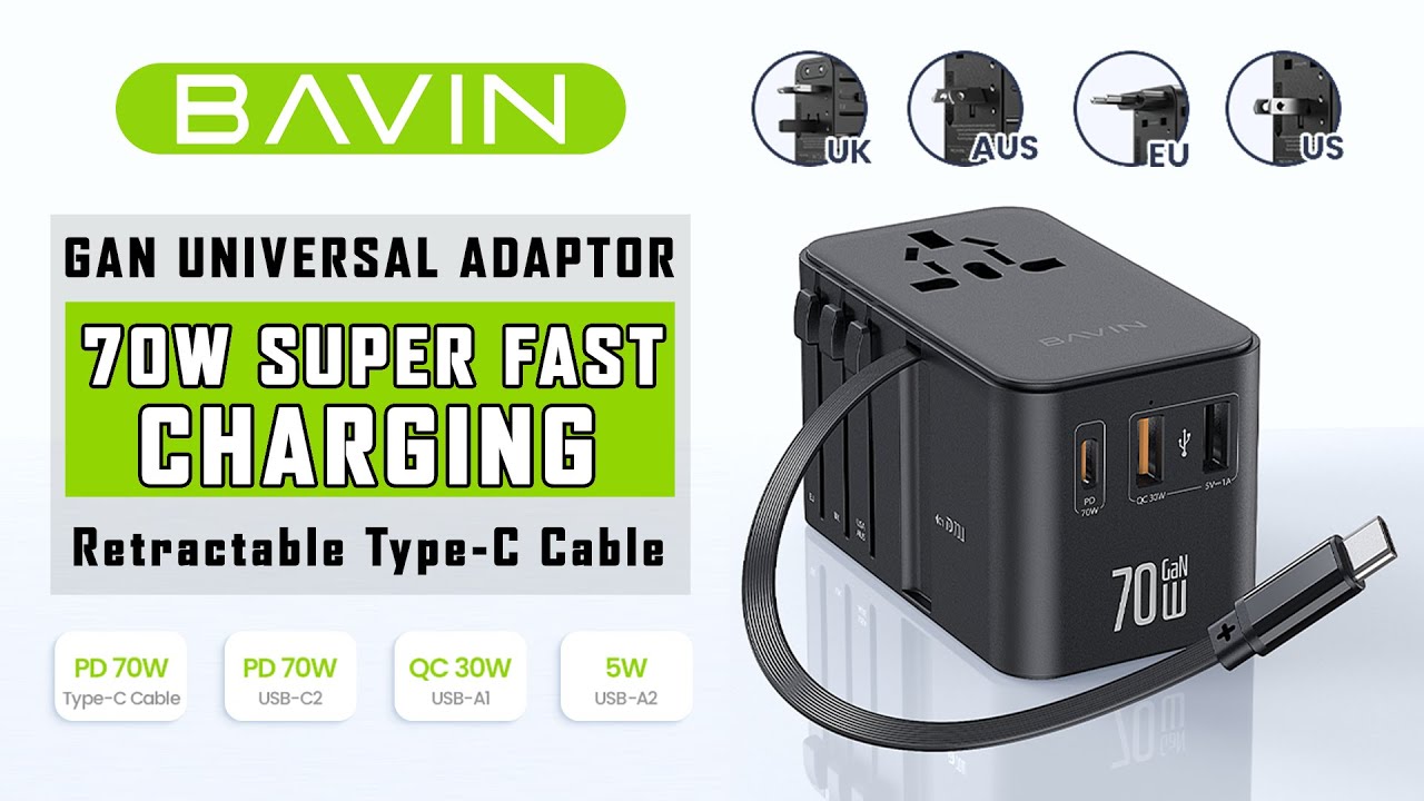 BAVIN PC2081 70W GaN Charging Adapter for Universal Plug & Multi-Port Charger w/ Retractable ...