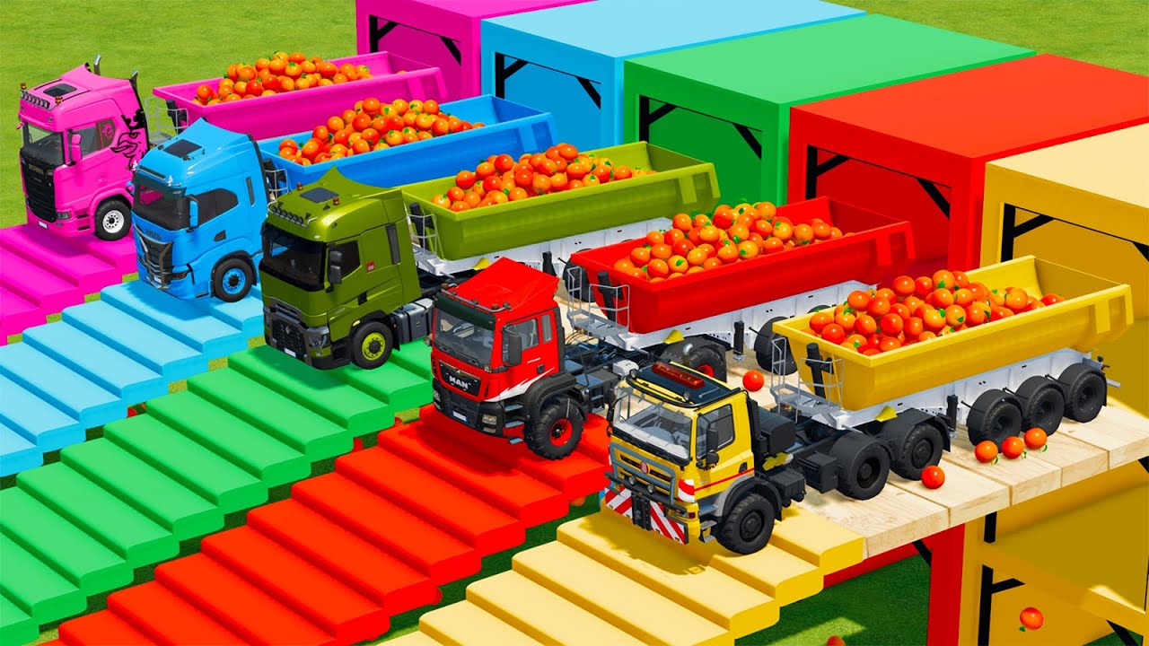 IVECO vs RENAULT vs MAN vs SCANIA TRUCKS BATTLE WITH ORANGES - Farming ...