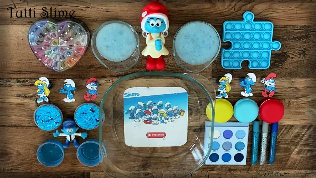 Mixing "Smurfs" Makeup, Glitter and more into Slime! Satisfying Slime ...