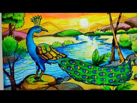 How to draw peacock drawing with scenery step by step. - YouTube