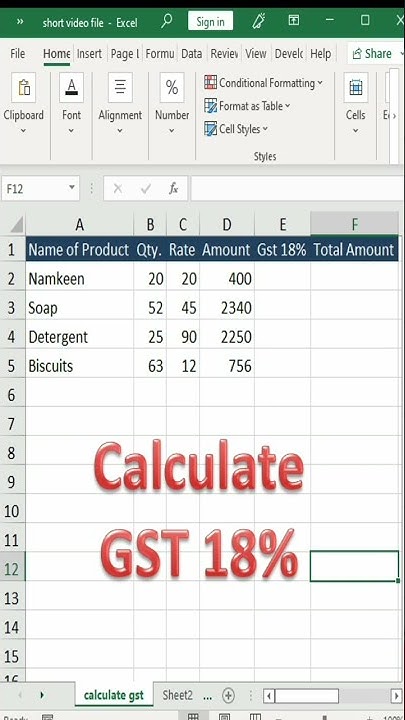 Calculate GST 18%in Excel #nkexcelclasses #exceltutorial #shortvideo #calculate gst 18% - YouTube