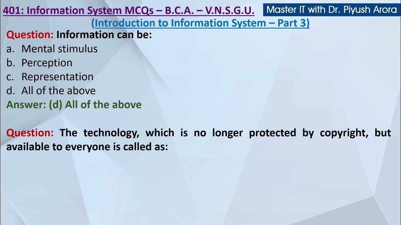 Information System MCQ BCA VNSGU 15 - Data, Information, Knowledge - YouTube