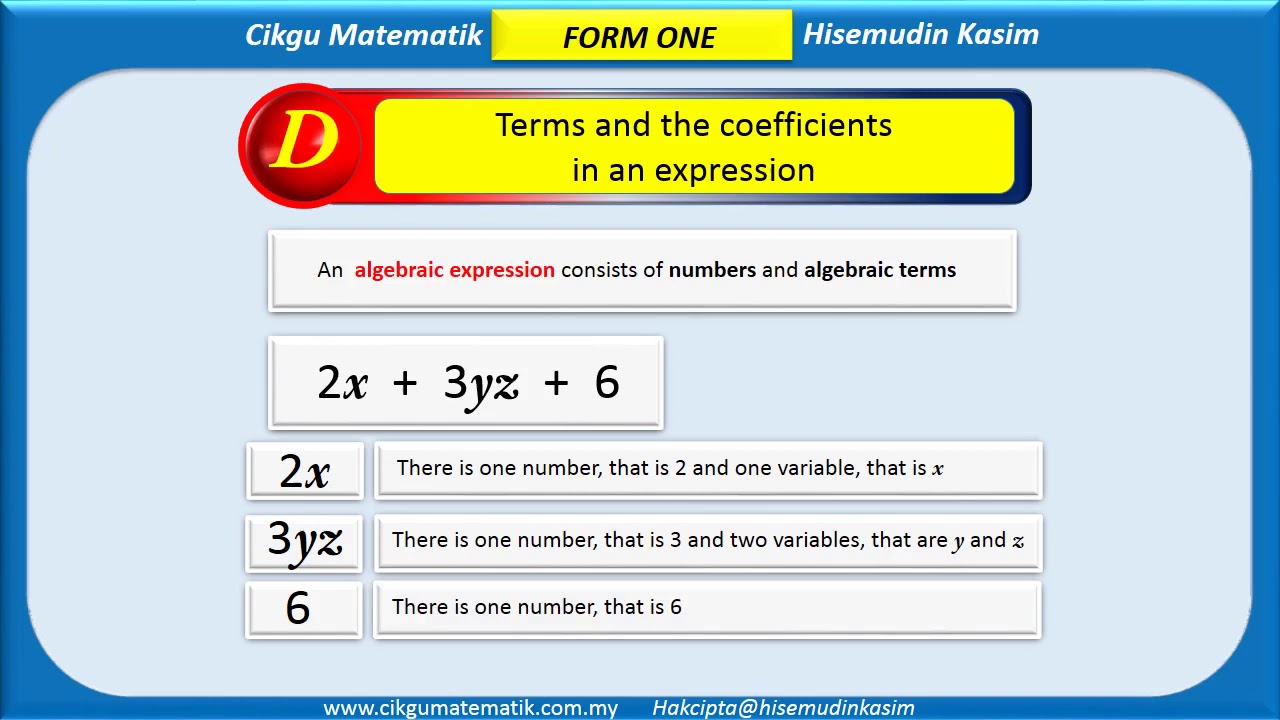 Mathemtics Form 1 Chap 5 Algebric Expressions - YouTube