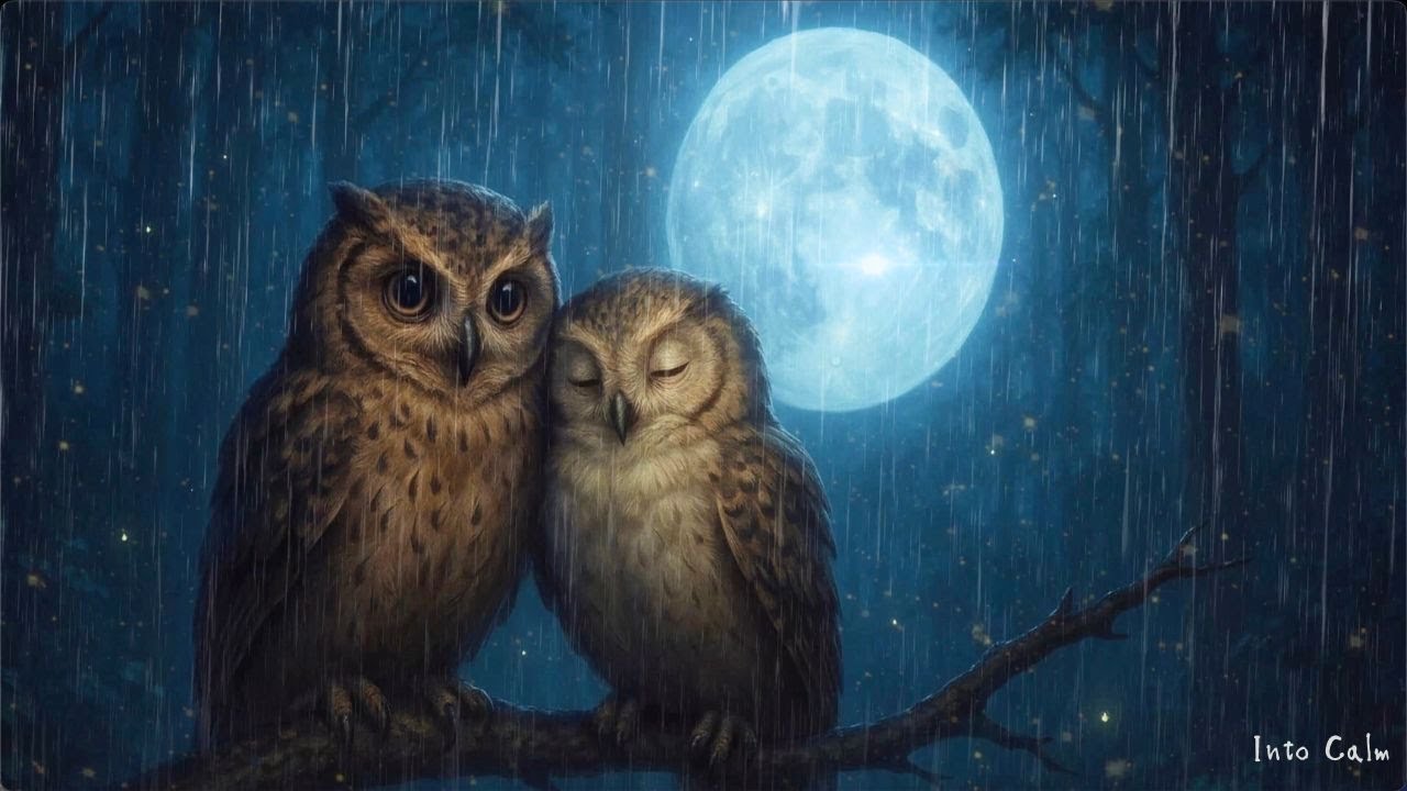 🌙 Full Moon Night Rain | Two Owls Resting Under the Moonlight – 3 Hours ...