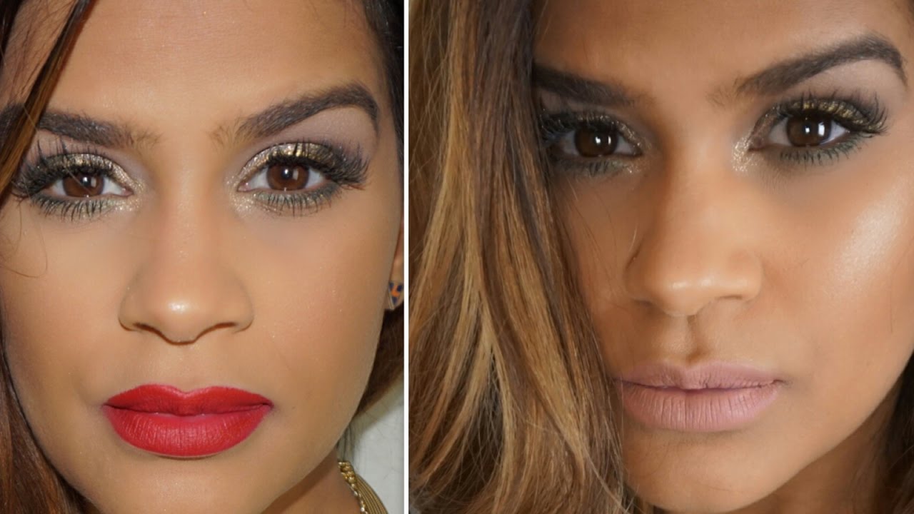 Christmas Glitter Green Makeup| Red or Pink Lips - YouTube