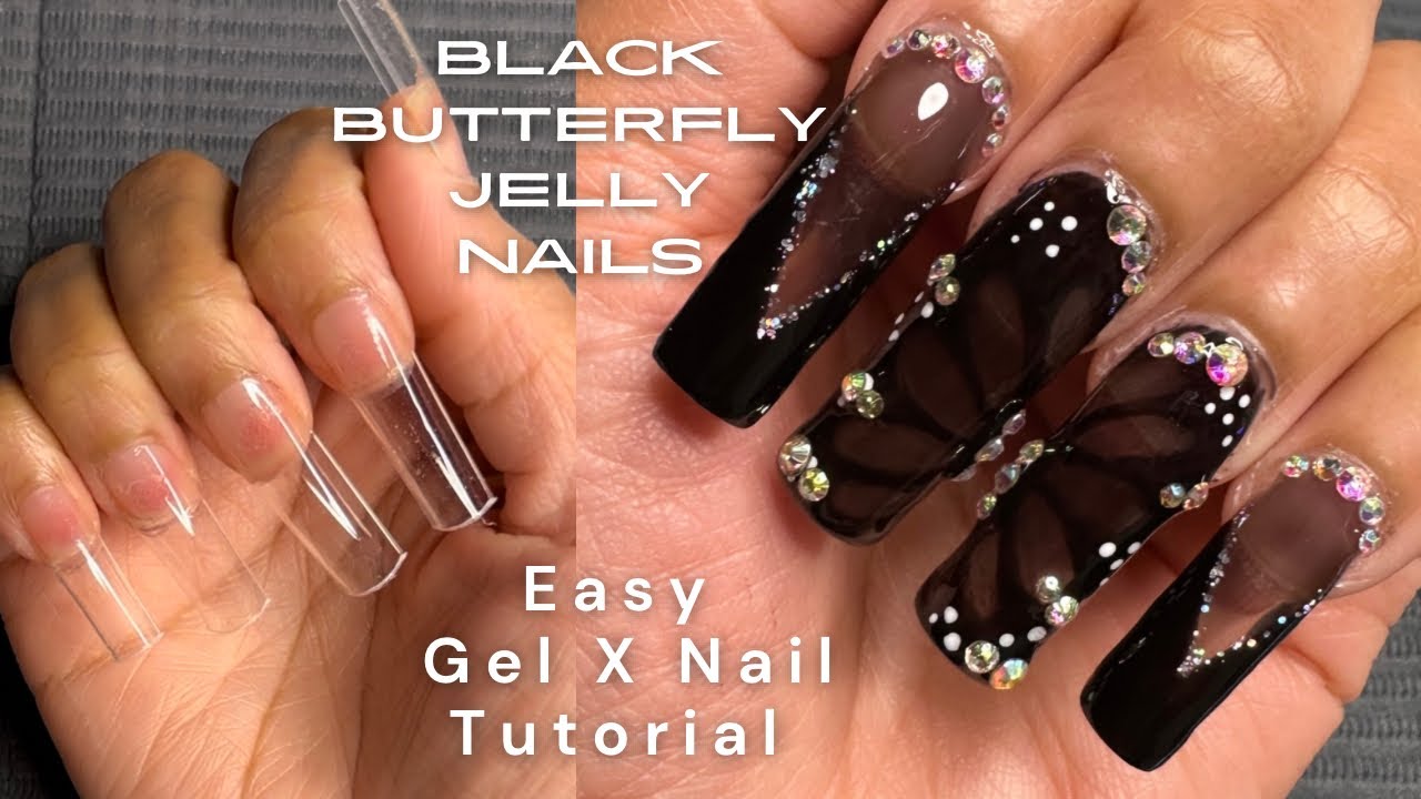 How to do Gel X Nails At Home | Easy Black Butterfly Jelly Nail Art ...