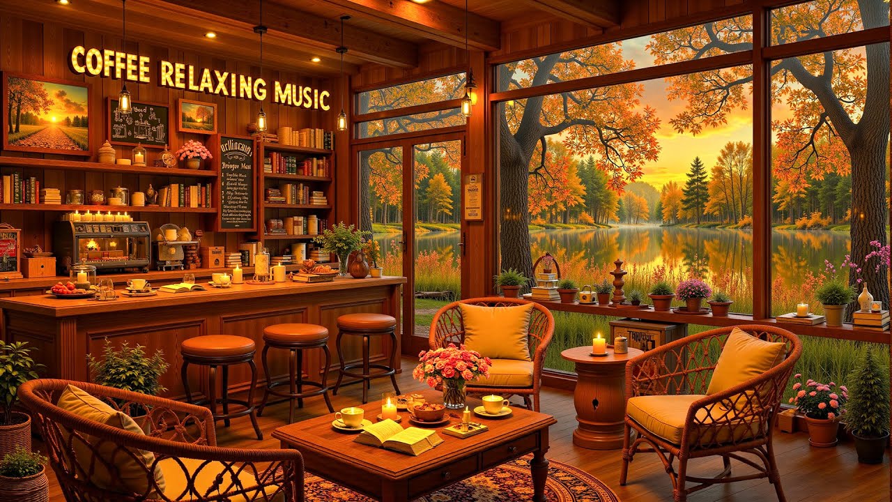 Cozy Autumn Coffee Shop by Quiet Lake 🍂 Relaxing Jazz Instrumental ...