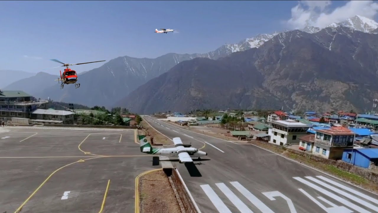 Tenzing-hillary airport runway view / lukla airport landing , takeoff ...