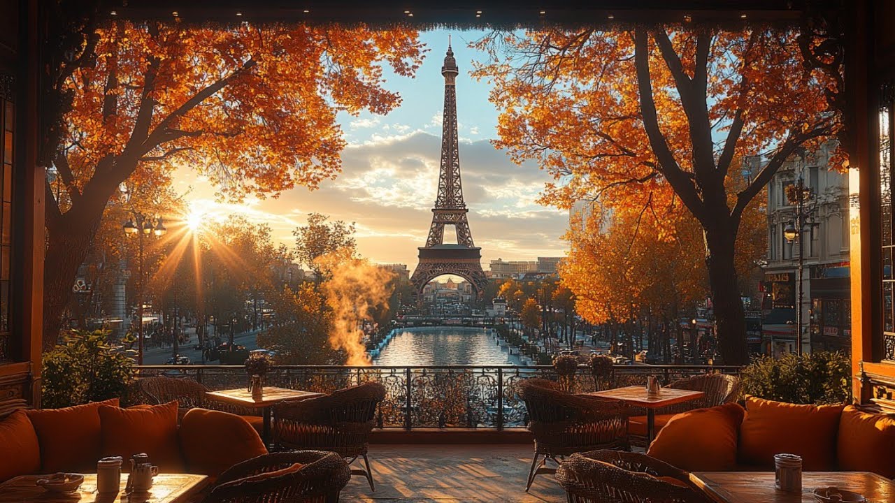 Autumn Jazz Coffee Shop Ambience - Relaxing Music with Parisian Sunset ...