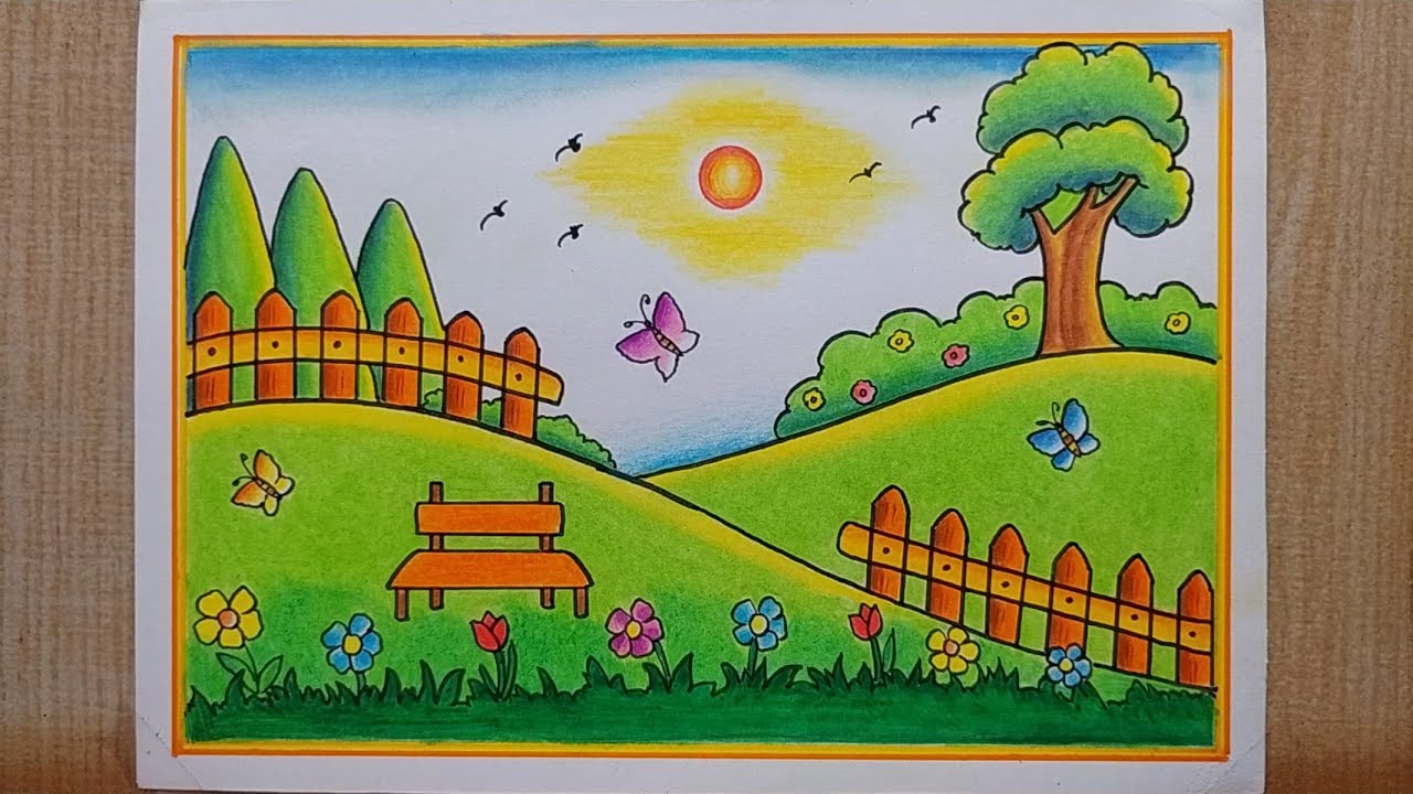 Garden scenery drawing easy| How to draw Easy Scenery drawing| Flower ...