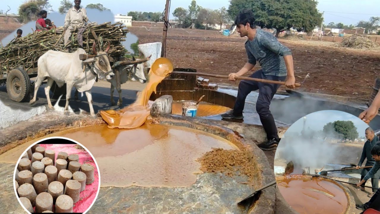 Traditional Jaggery making process | sugarcane Juice | Gud kaise banaya ...