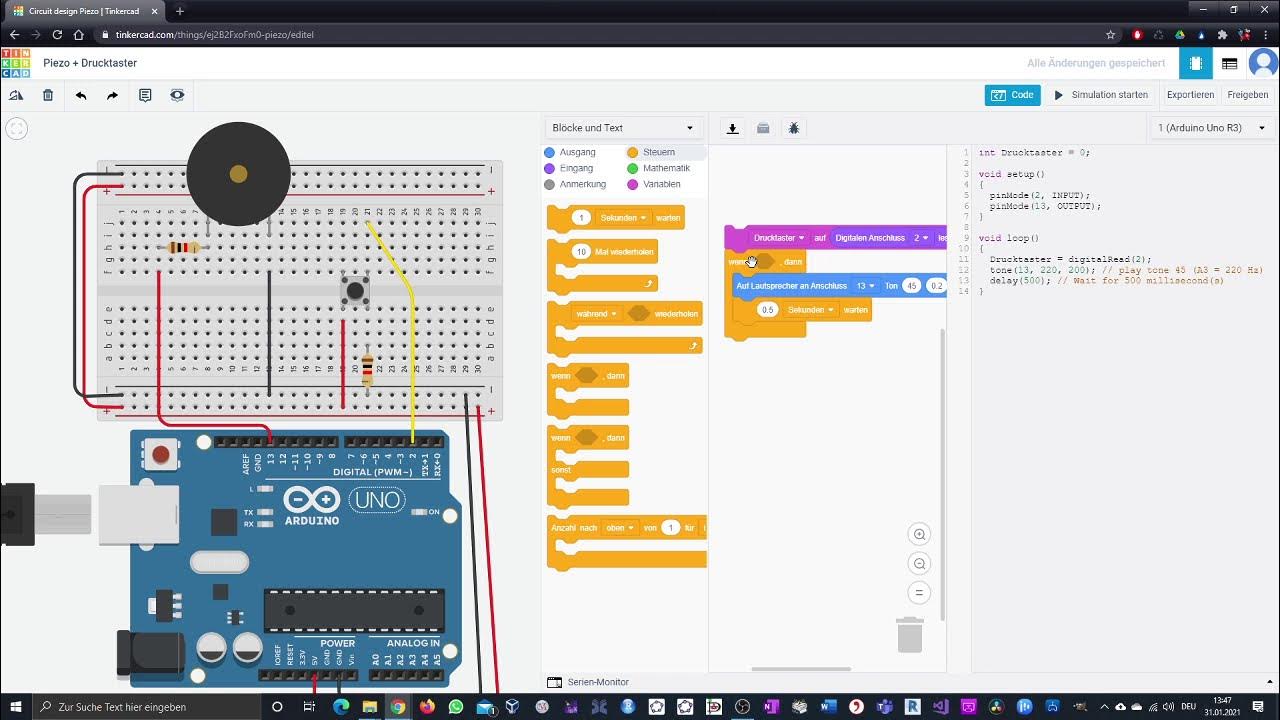 Arduino UNO Tutorial 7: Piezo & Drucktaster (tinkercad simulator ...