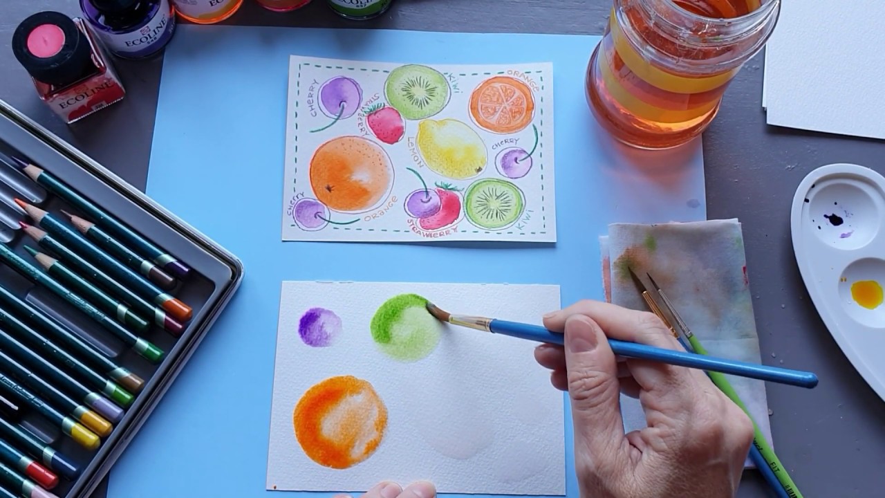 1e deel - Kaart met fruit getekend met Ecoline en kleurpotlood - YouTube