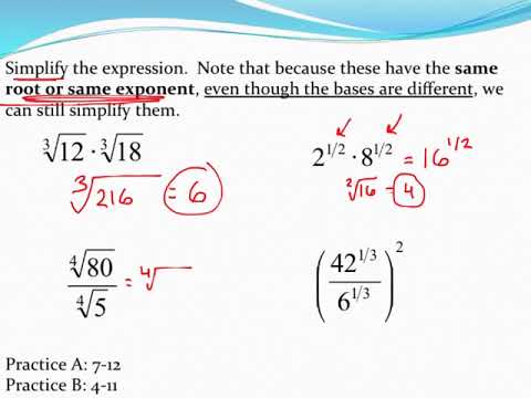 Simplifying expressions with radicals and rational exponents (different ...