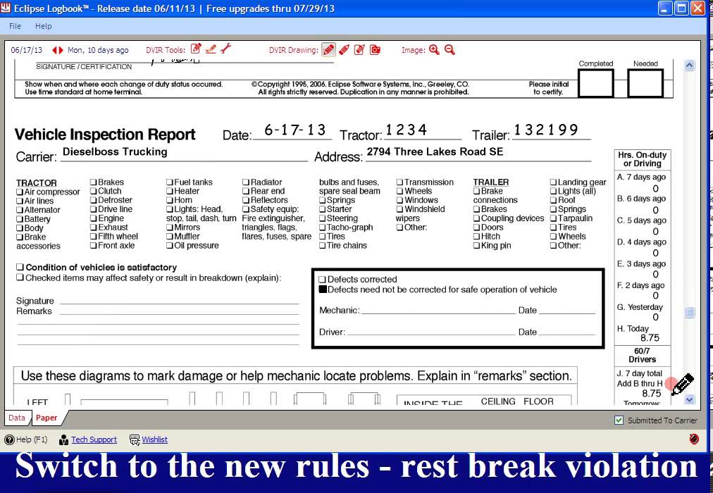 New 2013 Eclipse daily log showing rest break violation example - YouTube
