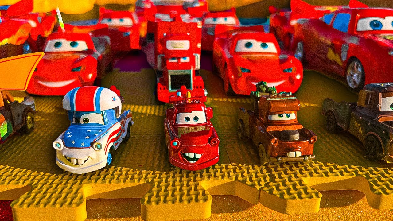 Disney Pixar Cars falling into deep pool, Lightning McQueen, Tow Mater ...