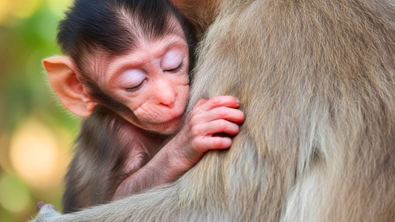 Baby Monkey Sleeping Peacefully in Mother’s Arms Newborn Monkey Cuddles ...