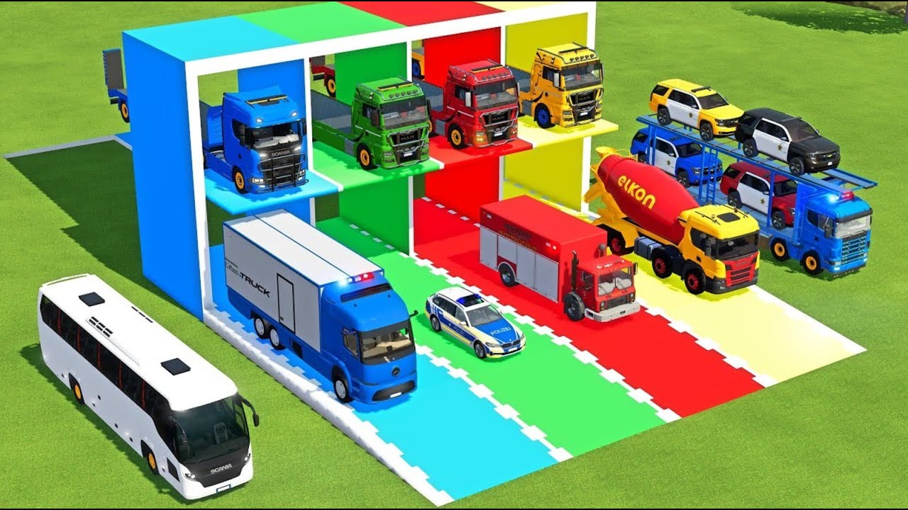 TRANSPORTING PIXAR CARS & FRUITS WITH COLORED & JOHN DEERE vs CLAAS vs ...