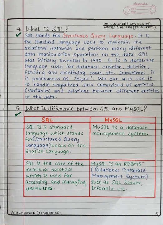 🔹SQL DATABASE 🔹PART 1 📗 || Handwritten Notes || SQL interview Questions ...