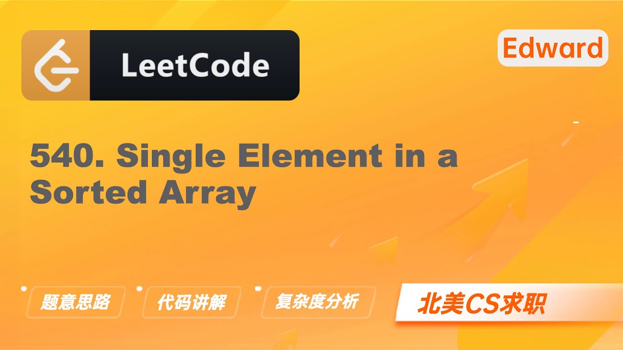 【LeetCode 刷题讲解】540. Single Element in a Sorted Array 有序数组中的单一元素 |算法面试|北美求职|刷题|留学生|LeetCode|求职面试 ...