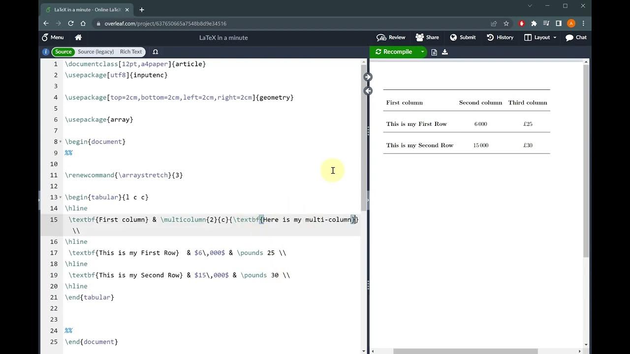 LaTeX in a Minute: Text Across Multiple Table Columns - YouTube