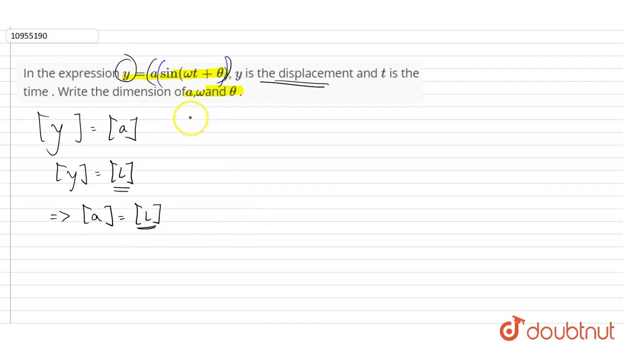 In the expression ` y = a sin (omega t + theta )`, `y` is the ...