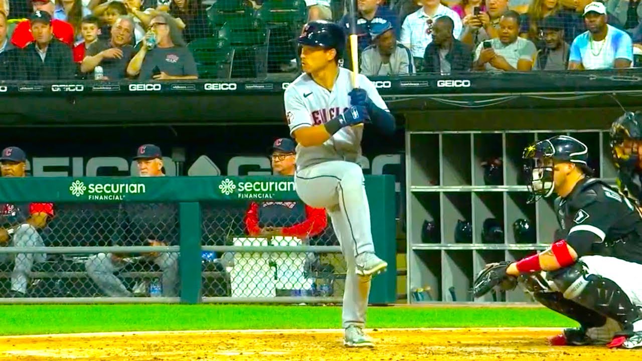 Steven Kwan Slow Motion Hitting Mechanics Baseball Swing - Home Run ...