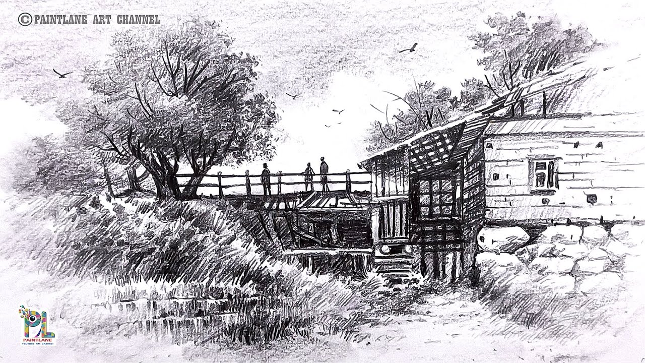 How to draw Old Wooden Mill and Bridge in Landscape Art with Pencil ...
