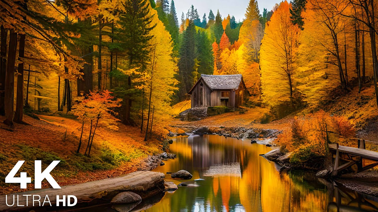 Autumn forest 4K - Relaxing nature video and river sounds - Golden ...