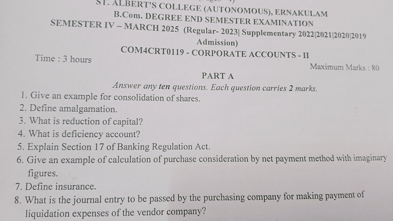 B.com 4th semester question paper corporation accounts 2nd 2025 - YouTube