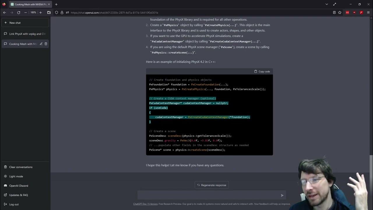 chatGPT v.s. NVidia PhysX Library, Cooking, Linking, CMake, Loading 3D models, CUDA - YouTube