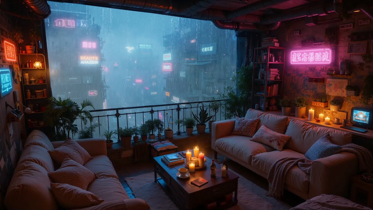 🎵 Neon Rainfall: Cozy Cyberpunk Loft with Chill Ambient Music | Calm ...